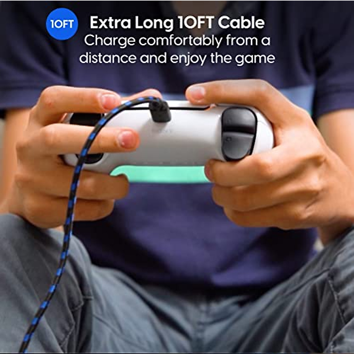 TALK WORKS Fast Charge USB-C Charger Cable for PS5 Controller - 10 Feet Long, Heavy-Duty Braided Type C Cord Charging Compatible with Sony Playstation 5 - Black-Blue (2 Pack)