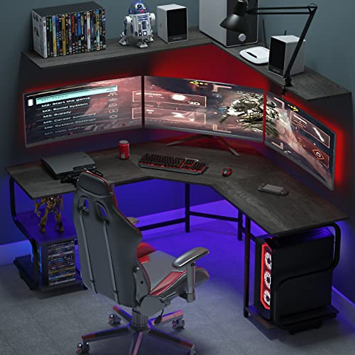 Teraves 64.84" Modern L Shaped Desk with Shelves and 69 inch Reversible L Shaped Corner Gaming Desk with Storage Shelves