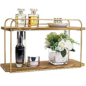 MyGift Modern 2-Tier Floating Wall Shelf, Natural Brown Wood Bathroom Shelves with Vintage Brass Metal Frame