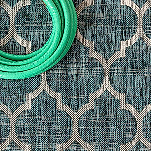 JONATHAN Y SMB109E-9 Trebol Moroccan Trellis Textured Weave Indoor Outdoor Area Rug Bohemian Modern Easy Cleaning Bedroom Kitchen Backyard Patio Non Shedding, 9 X 12, Teal/Gray