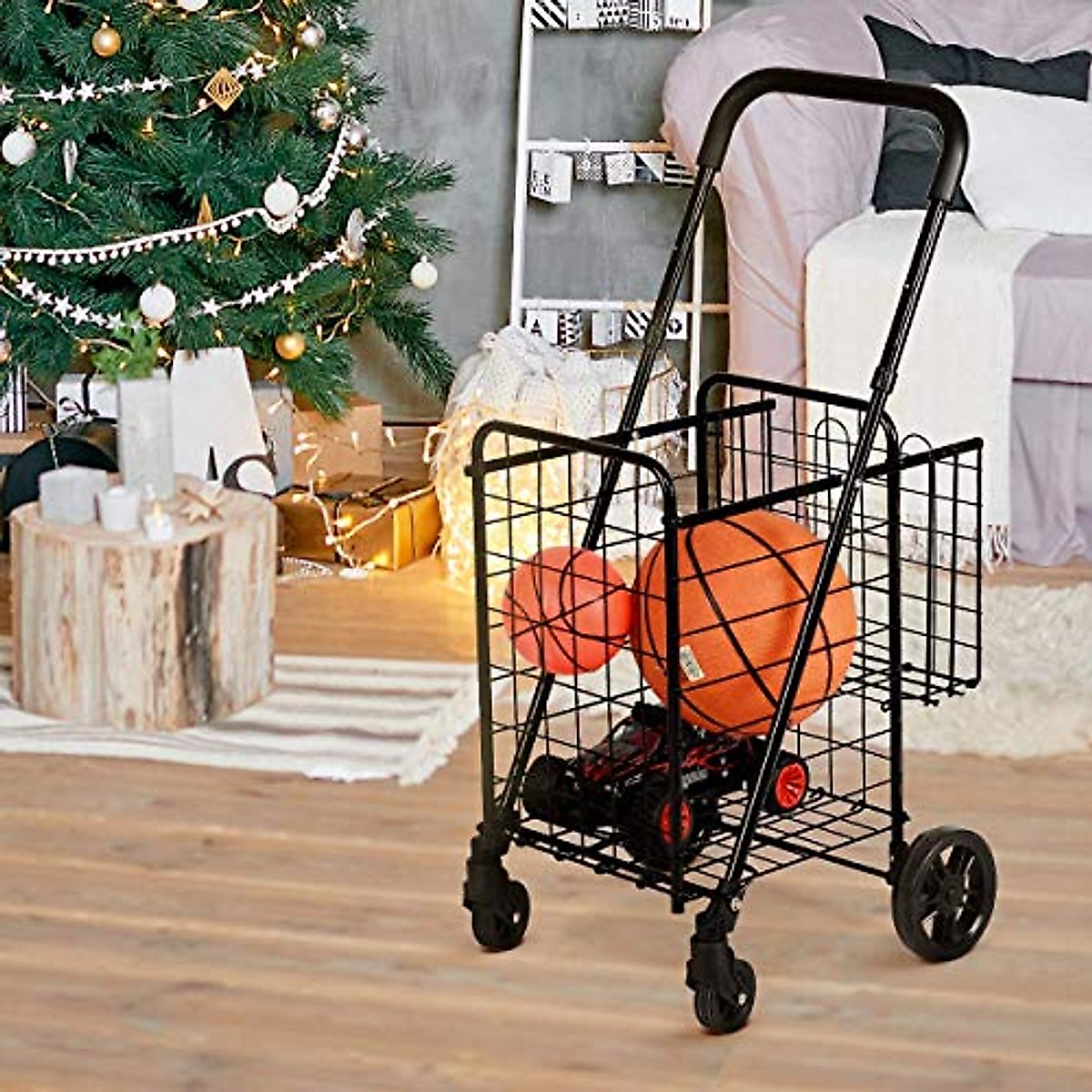 Goplus Folding Shopping Utility Cart, Double Basket and 360° Swivel Wheels, Adjustable Handle, Small Cart Perfect for Grocery Laundry Book Luggage Travel