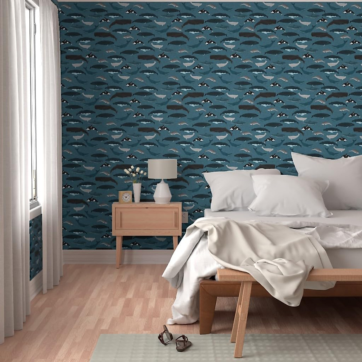 Spoonflower Peel & Stick Wallpaper 9ft x 2ft - Whale Whales Ocean Sea Creature Pod Beluga Narwhal Blue Nautical Custom Removable Wallpaper