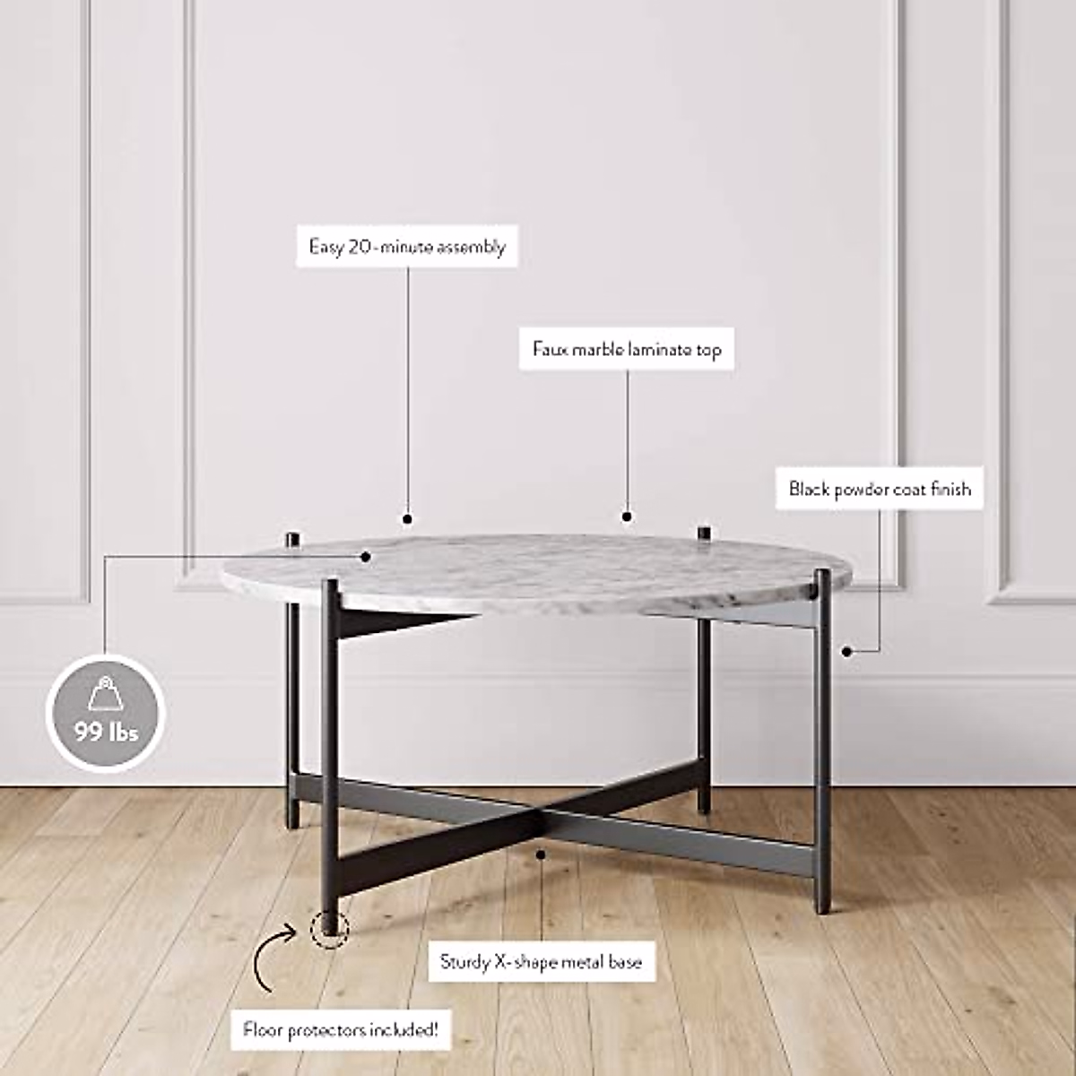 Nathan James Piper Faux White Marble Round Modern Living Accent Side or Coffee, Sofa Center for Dining Room/Tea with Metal Frame, Black