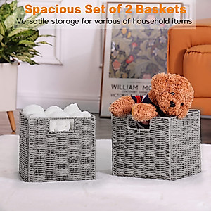 Vagusicc Wicker Baskets for Storage, Wicker Baskets for Shelves, Set of 4 Hand-Woven Round Paper Rope Storage Baskets Wicker Baskets for Organizing Storage Bins, Grey