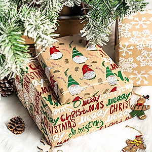 RUSPEPA Christmas Wrapping Paper, Kraft Paper - Santa Claus, Gnome, Snowflake and Merry Christmas - 4 Rolls - 30 inches x 10 feet per Roll