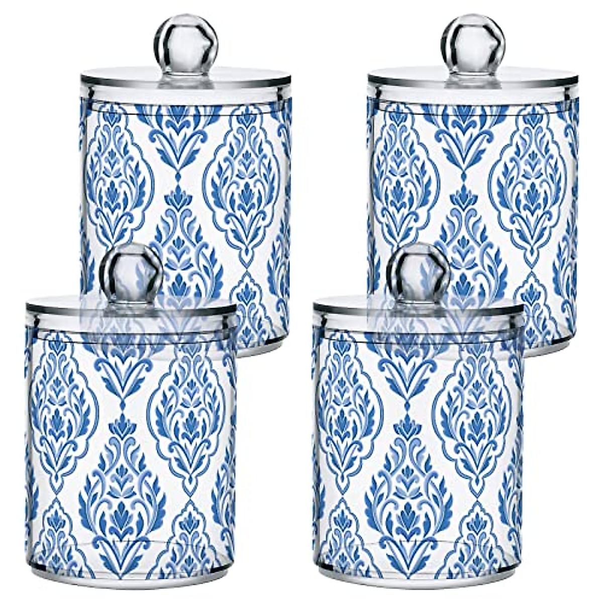 xigua 2 Pack Blue White Damask Pattern Apothecary Jars with Lid, Qtip Holder Storage Containers for Cotton Ball, Swabs, Pads, Clear Plastic Canisters for Bathroom Vanity Organization (10 Oz)