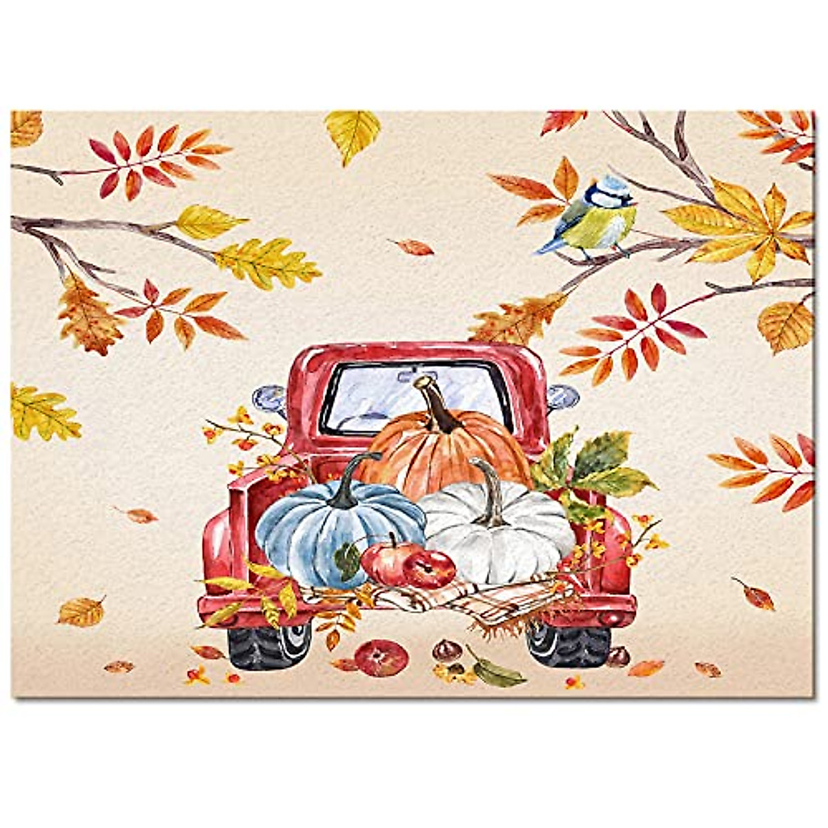 Thanksgiving Fall Large Rectangular Area Rugs 5' x 7' Living Room, Durable Non Slip Rug Carpet Floor Mat for Bedroom Bedside Outdoor Farmhouse Red Truck Pumpkin Leaves Autumn