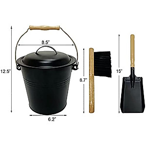 Mini Ash Bucket with Shovel, Gloves and Hand Broom, 1.5-Gallon Pail with Lid, Metal Bucket Coal and Ash Carrier Wood Pellet Storage Container Tool Set for Fireplace Fire Pit, Iron Ash Stove