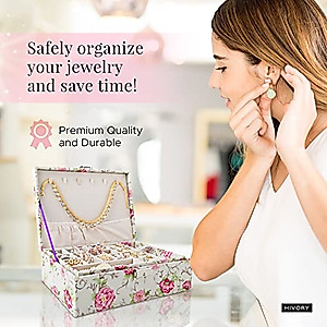 Jewelry Organizer Box - Women Two Layer Display Storage Case Large PU Leather Jewelry Holder with Lock for Earring Ring Necklace Bracelet, Beige White (Floral White)