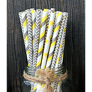 Charmed yellow and grey paper straw mix pack of 75 in stripe, chevron and polka design