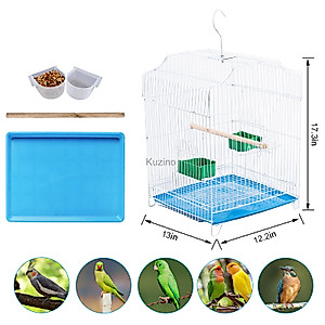 Kuzino Small Bird Travel Cage - Economy and Lightweight Small Birds Carrier Cages for Parakeets Lovebirds Parrotlets Finches Canaries with White Wire, Blue Plastic Base with Removable Tray