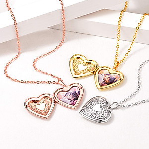 U7 Women Flower Heart Locket That Hold Memorial Photo Platinum Plated Jewelry Rolo Chain Customized Photo and Text Engrave Lockets Pendant