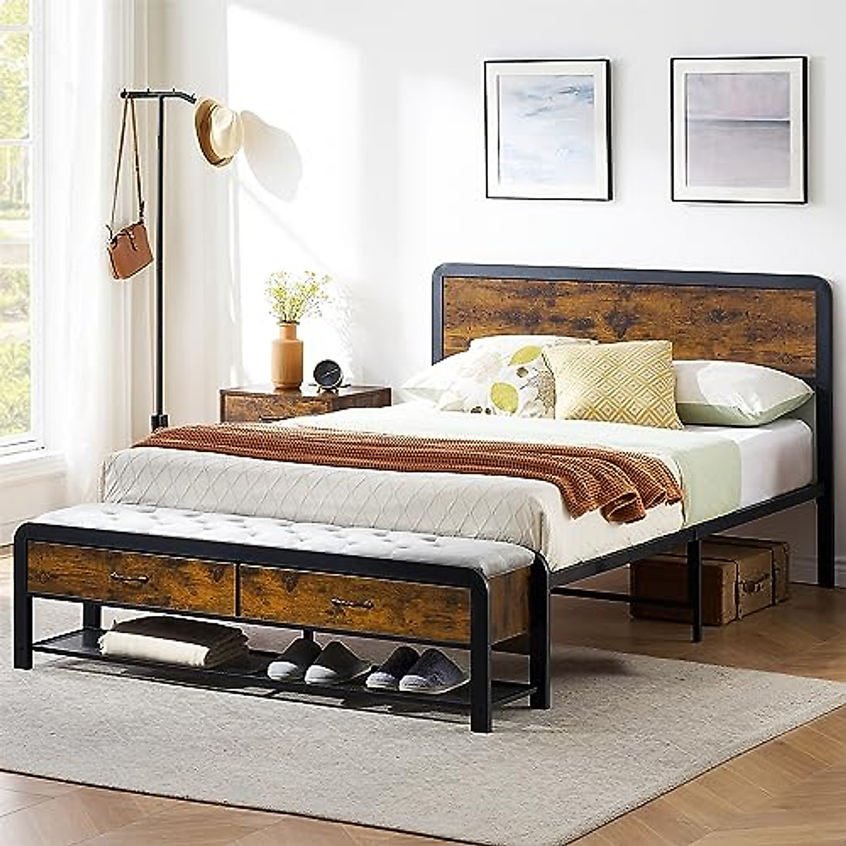 GAOMON Queen Bed Frame with Headboard and 2 Drawers, Metal Platform Bed Frame Queen Size with Storage Drawer, No Box Spring Needed, Noise Free, Rustic Brown