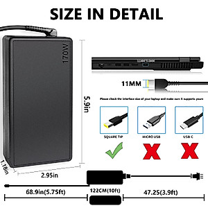 170W Laptop Charger for Lenovo ThinkPad P50 P51 P52 P53 P70 P71 P73 W540 W541 T540P Legion Y520 Y530 Y720 Y730 ADL170NLC2A ADL170NLC3A ANTWELON Square Tip 20V 8.5A AC Adapter Power Supply Cord