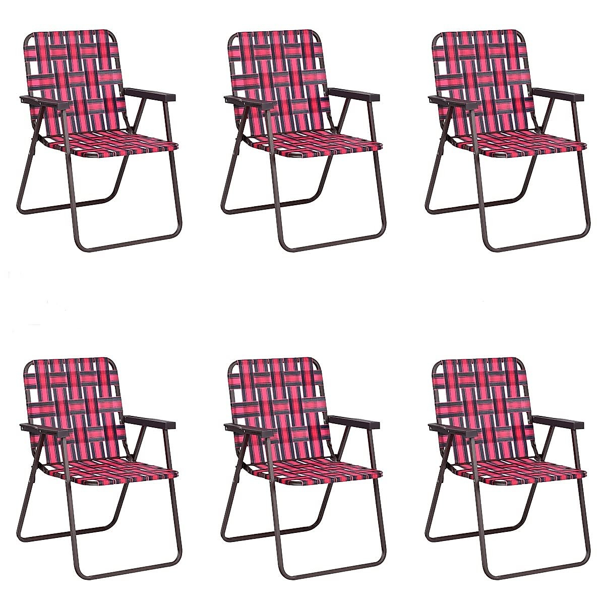 6 PCS Folding Lawn Chairs Set, Portable Outdoor Patio Chairs w/Stable Metal Frame & Armrests, Webbed Folding Beach Chairs Set for Lawn Patio Garden Backyard (Red)