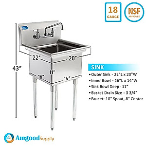 AmGood Commercial Stainless Steel Sink - 1 Compartment Restaurant Kitchen Prep & Utility Sink with 10" Faucet. NSF Certified. (Bowl Size: 16" x 14" + Faucet)