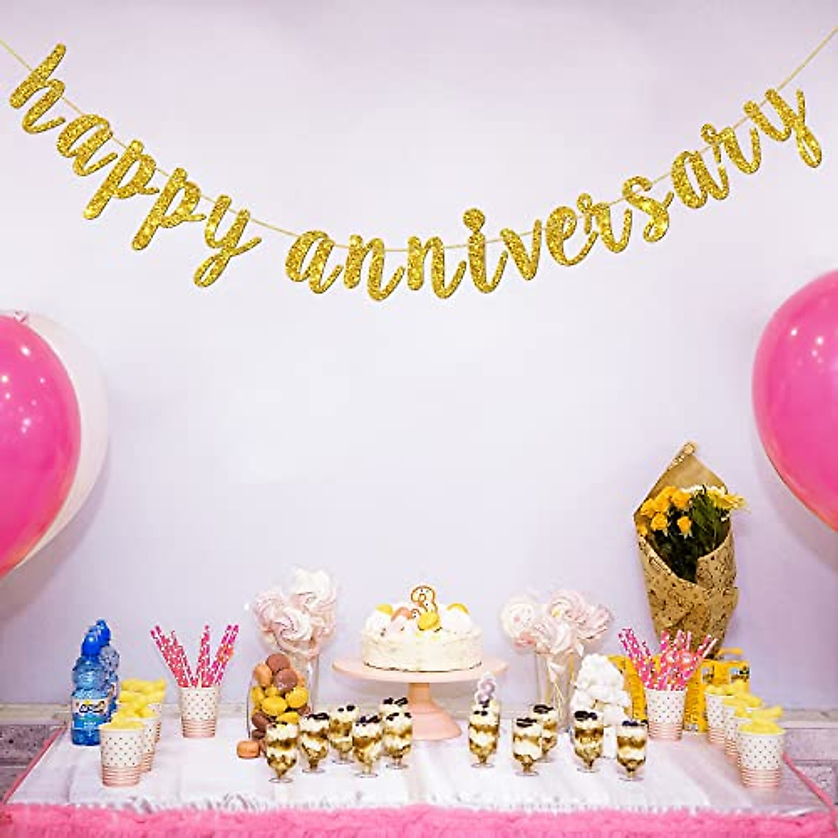 INNORU Gold Glitter Happy Anniversary Banner - Birthday Sign Bunting - Wedding Anniversary Party Decorations