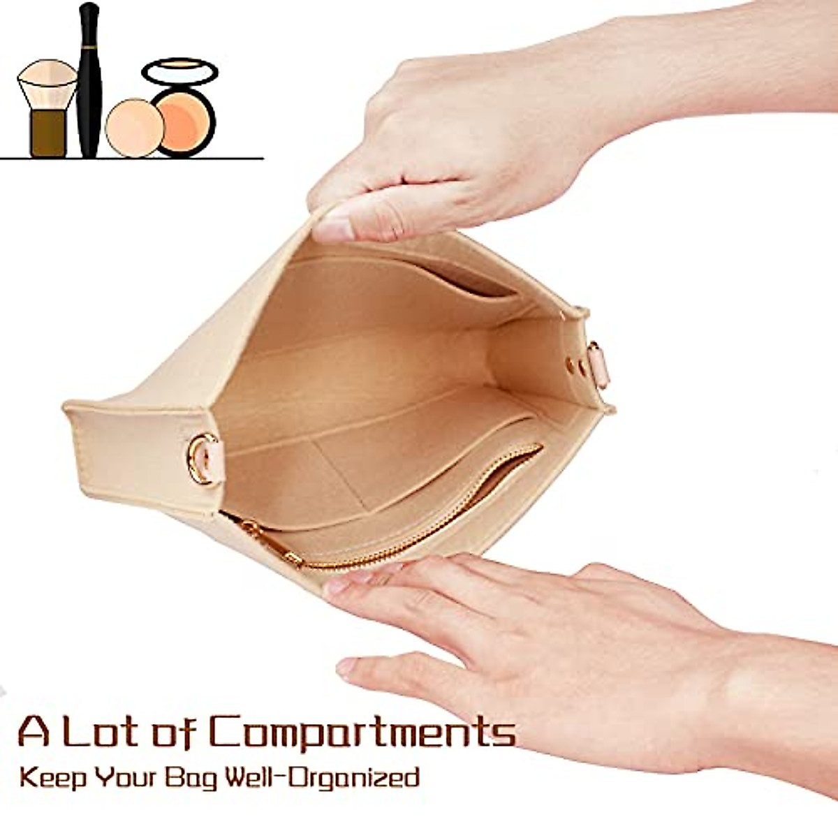 EsLuker.ly 2Pcs Felt Purse Organizer Insert with Zipper, Premium Microfiber Handbag Shaper Tote Bag Organiser Insert Fit Toiletry Pouch 26 19 - Large&Small, Khaki