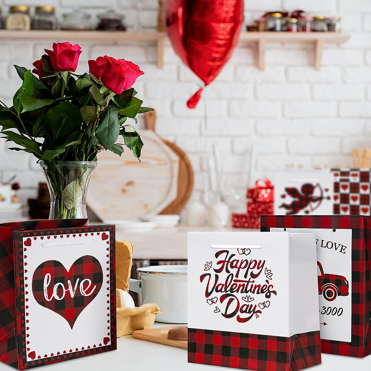 Whaline 12Pcs Valentine's Day Paper Gift Bags with Handle Red Black Buffalo Plaids Candy Goodie Bag Love Heart Truck Cupid Pattern Treat Bags Party Favor Bag for Wedding Engagement Wrapping Supplies
