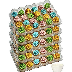 Decony 24 Compartment cupcake containers plastic disposable Cupcake Boxes muffin carrier - Great for high topping - 5 pc. - 24 slot each - Plus White standard size baking cups.