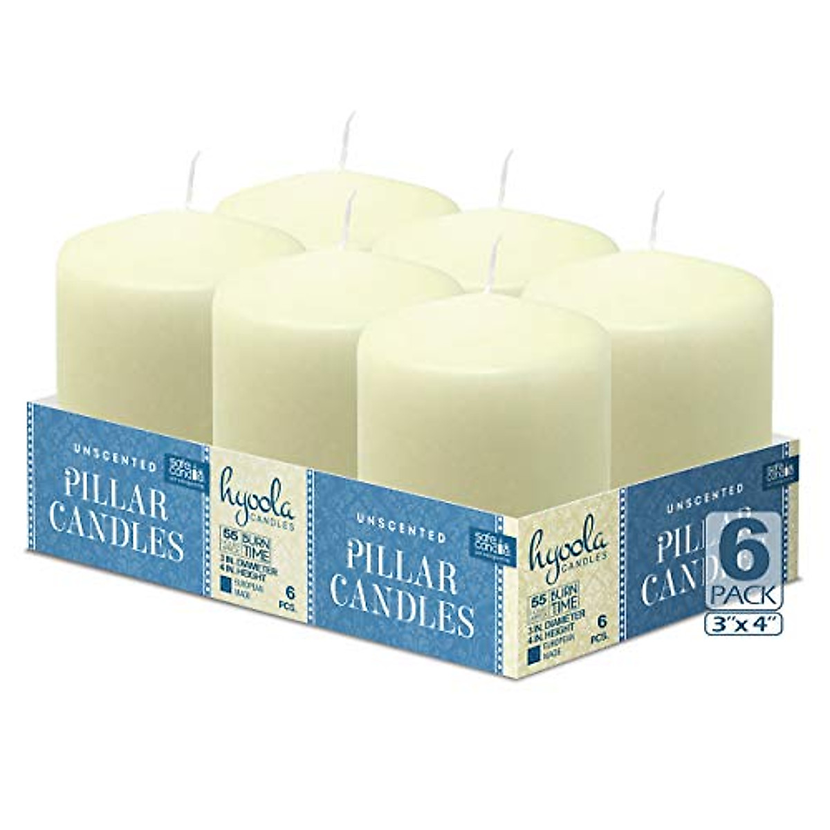 Hyoola Ivory Pillar Candles 3x4 Inch - Unscented Pillar Candles - 6-Pack - European Made