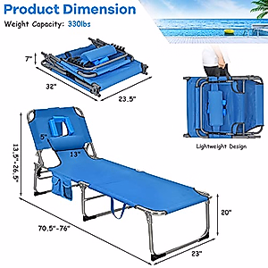 BANGTANE Tanning Chair, Lounge Chair for Outside, Portable Folding Beach Lounger w/ 5 Backrest Positions, Face Hole & Removable Pillow, 331LBS, Ideal for Poolside, Beach, Garden (Blue)