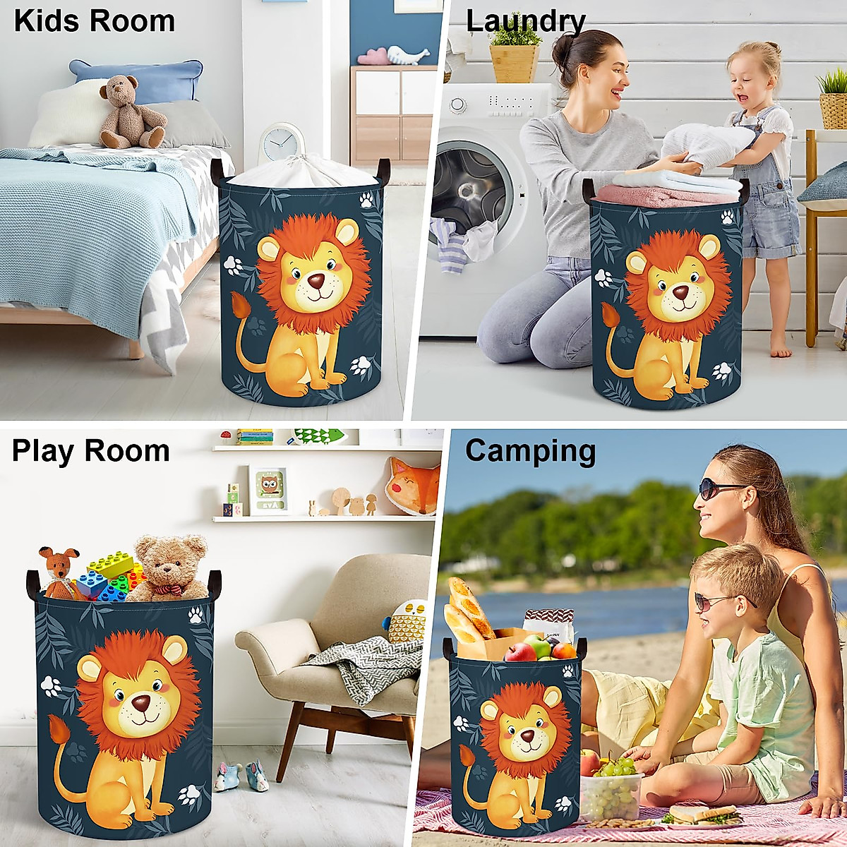 Clastyle 63L Large Lion Kid Laundry Hamper with Handle for Boy Girl Collapsible Clothes Toy Storage Basket with Lid for Bedroom Bathroom Nursery