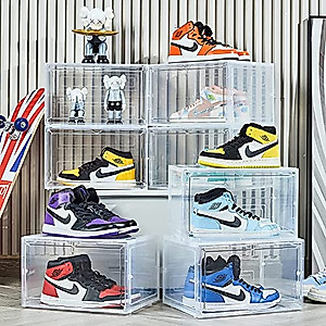 EZLucky 3 Pack Large Shoe Boxes Clear Plastic Stackable, Side Open Shoes Organizer with Magnetic Door, Clear Shoe Boxes Stackable for Display Sneakers, Fit Shoe Size Up to US 15 (14.2x11x8.7in)