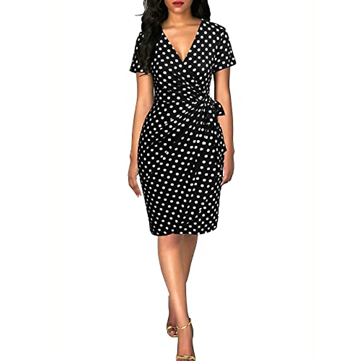 Lyrur Women's Vintage Polka Dot Black Wrap Dresses Knee Length Short Sleeves Sheath V Neck Casual Party Work Dress(L,9069-Black Dot)