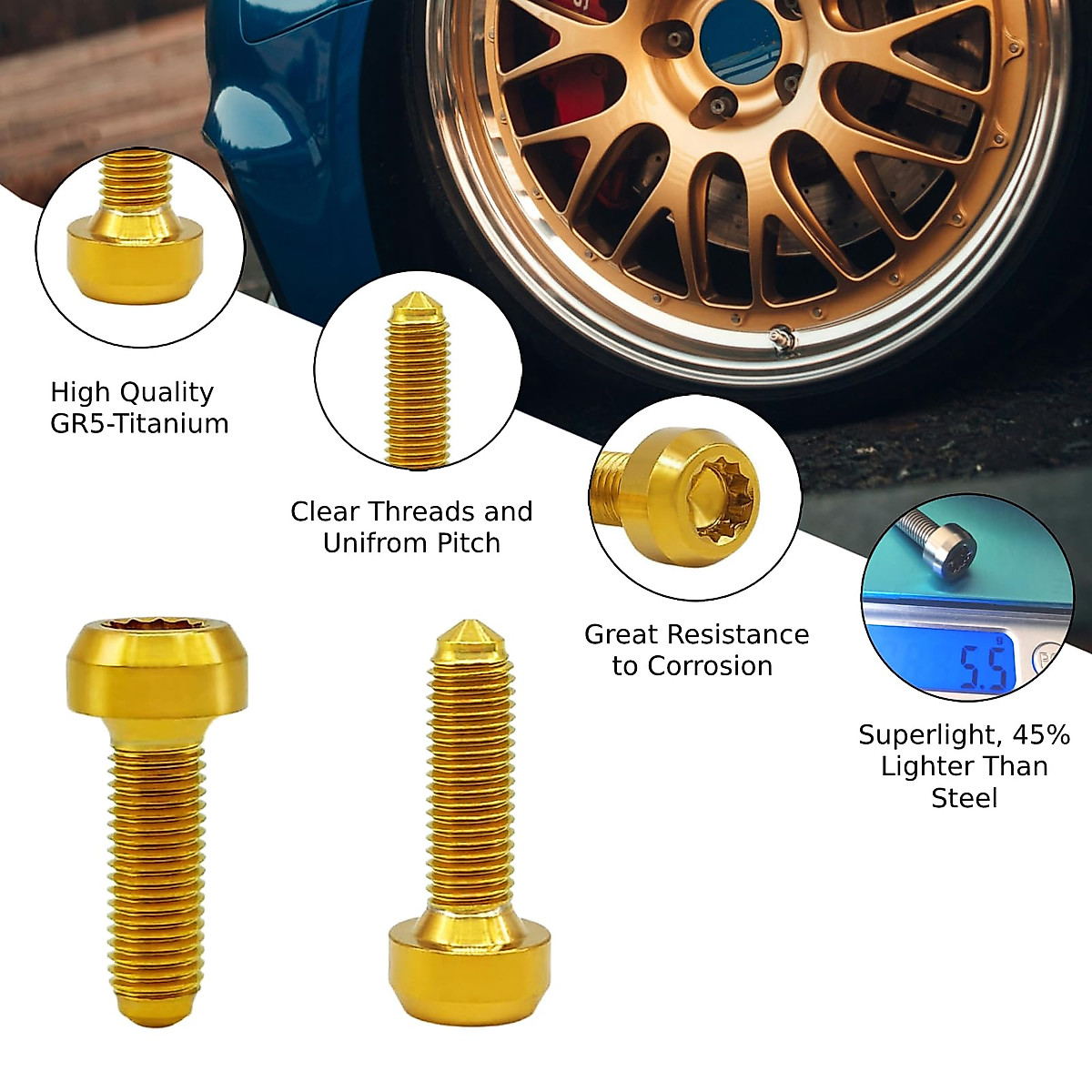 RISON Titanium Bolts M7x1x24.5mm Titanium Bolts Gold M7 Titanium Split Rim Bolts GR5 Bolts Pack of 5