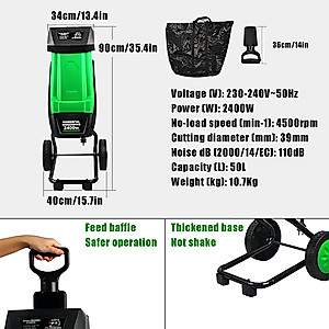 FHB Electric Garden Shredder, 2400W Wood Chipper with 50L Collecting Bag, Max 1.77-in Cutting Diameter, for Lawn and Garden Use,Chippers+20M Power line