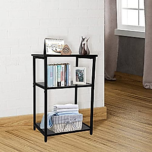 ECOMEX Small Bookshelf, Standing Metal Frame Book Shelves, 3 Tier Industrial Bookshelf Wood Bookcase Shelves Storage for Living Room Bedroom and Office, 3 Tiers Open Shelf/Display Rack, Black