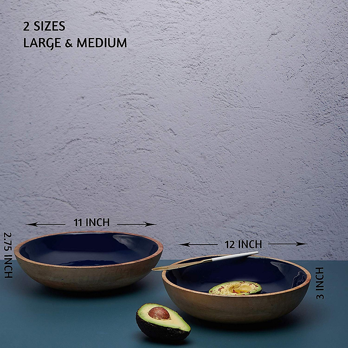 Set of 2 Large Serving Bowls with Salad Servers for Parties or Wooden Bowls for Food, Pasta, Salad, Fruits, 12 inch and 11 inch Wood Bowls, Mango Wood, Blue