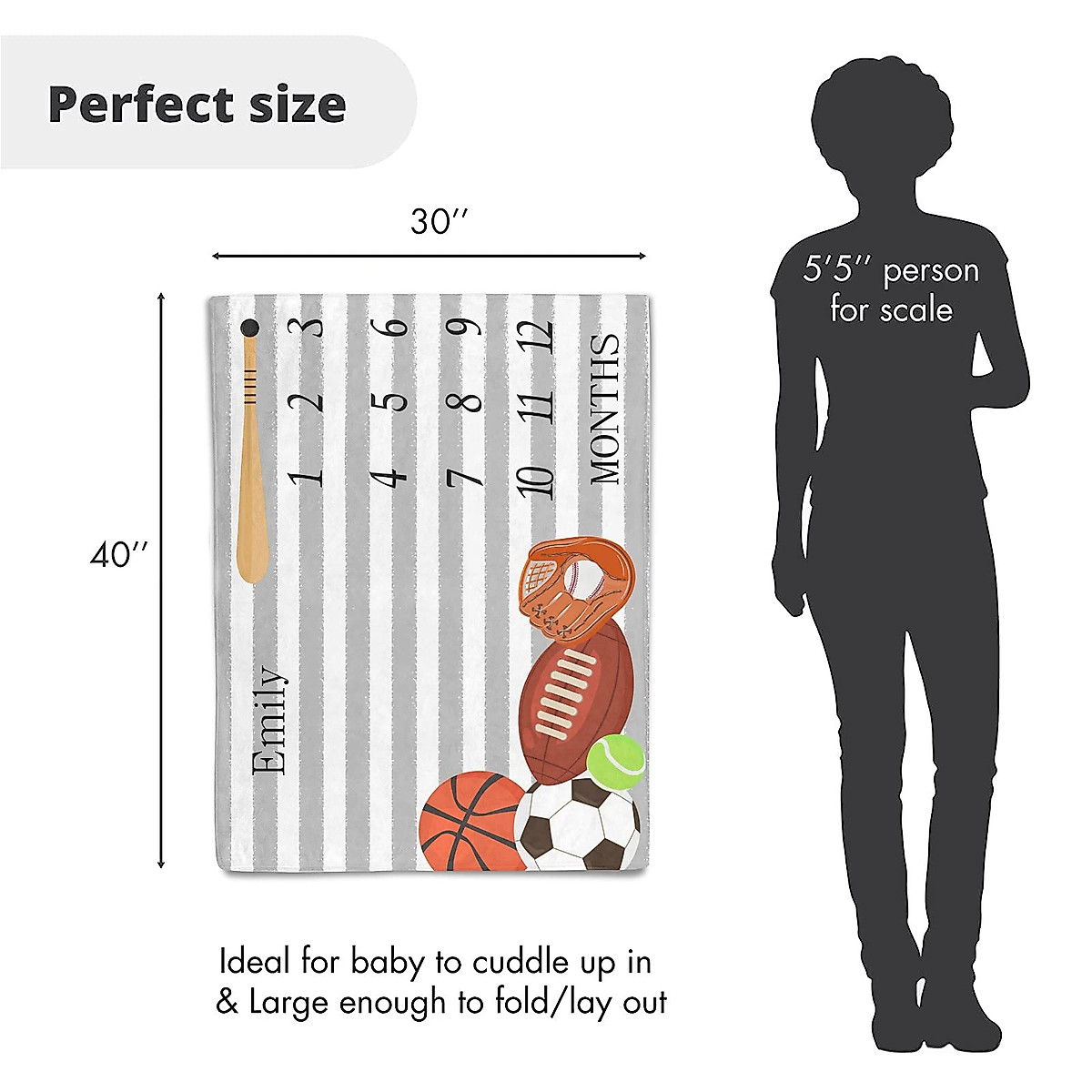 Yeshop Ball Sport Monthly Milestone Personalized Receiving Baby Blankets for Girls Boys Kids with Name,Customized Swaddle Blankets Gift for Newborn Crib Infants 30x40 Inches