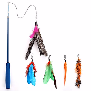 Becory Feather Teaser Cat Toy, Retractable Cat Feather Toy Wand with 5 Assorted Teaser with Bell Refills, Interactive Catcher Teaser for Kitten Or Cat Having Fun Exerciser Playing