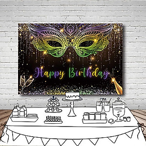 MEHOFOND 7x5ft Mardi Gras Theme Backdrop Masquerade Happy Birthday Party Background Purple Green Gold Mask Dancing Prom Party Photo Booth for Wedding Bachelorette Party Decorations Banner