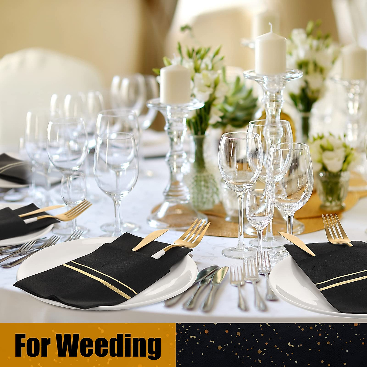 Roshtia 50 Pack Dinner Napkins Disposable Linen Feel Dinner Napkins with Built-in Flatware Pocket Gold Trim Lined Pre Folded Paper for Wedding Party (Black,Gold)