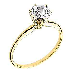 10K Yellow Gold Round Brilliant Cut Cubic Zirconia Solitaire 6 Prong Engagement Ring with Slender Band - Size 7