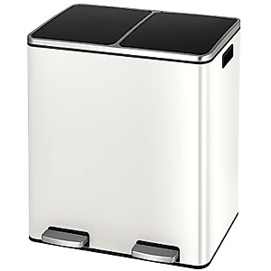 Arlopu 16 Gallon Stainless Steel Trash Can, 60L Dual Compartment, Metal Kitchen Step Recycle Bin, Metal Double Dustbin, in-Home Garbage Rubbish Can W/Removable Liner Buckets,