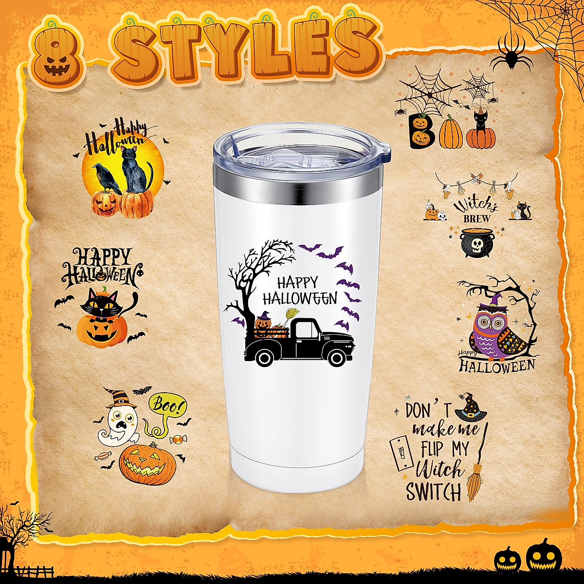 Singhoow 8 Pcs Halloween Tumbler with Lid and Straw 12 oz Halloween Coffee Mugs Stainless Steel Insulated Pumpkin Ghost Bat Boo Witch Halloween Wine Cup Bulk for Halloween Party Travel Men Women Gift