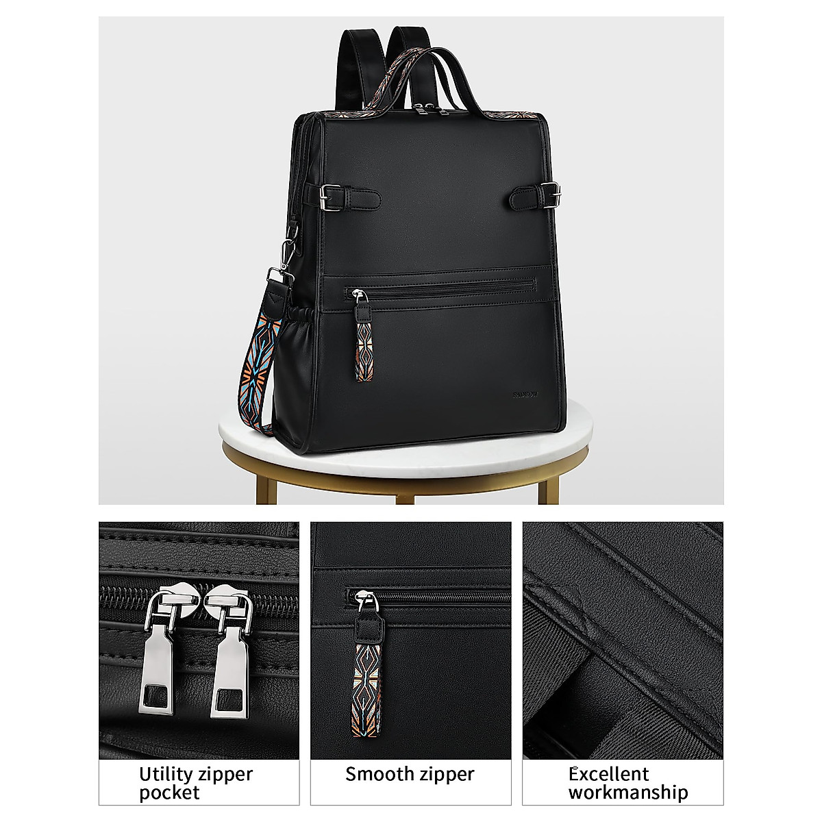 FADEON Leather Laptop Backpack for Women, Designer Ladies Work Travel Computer Backpack with Laptop Compartment Purse Black