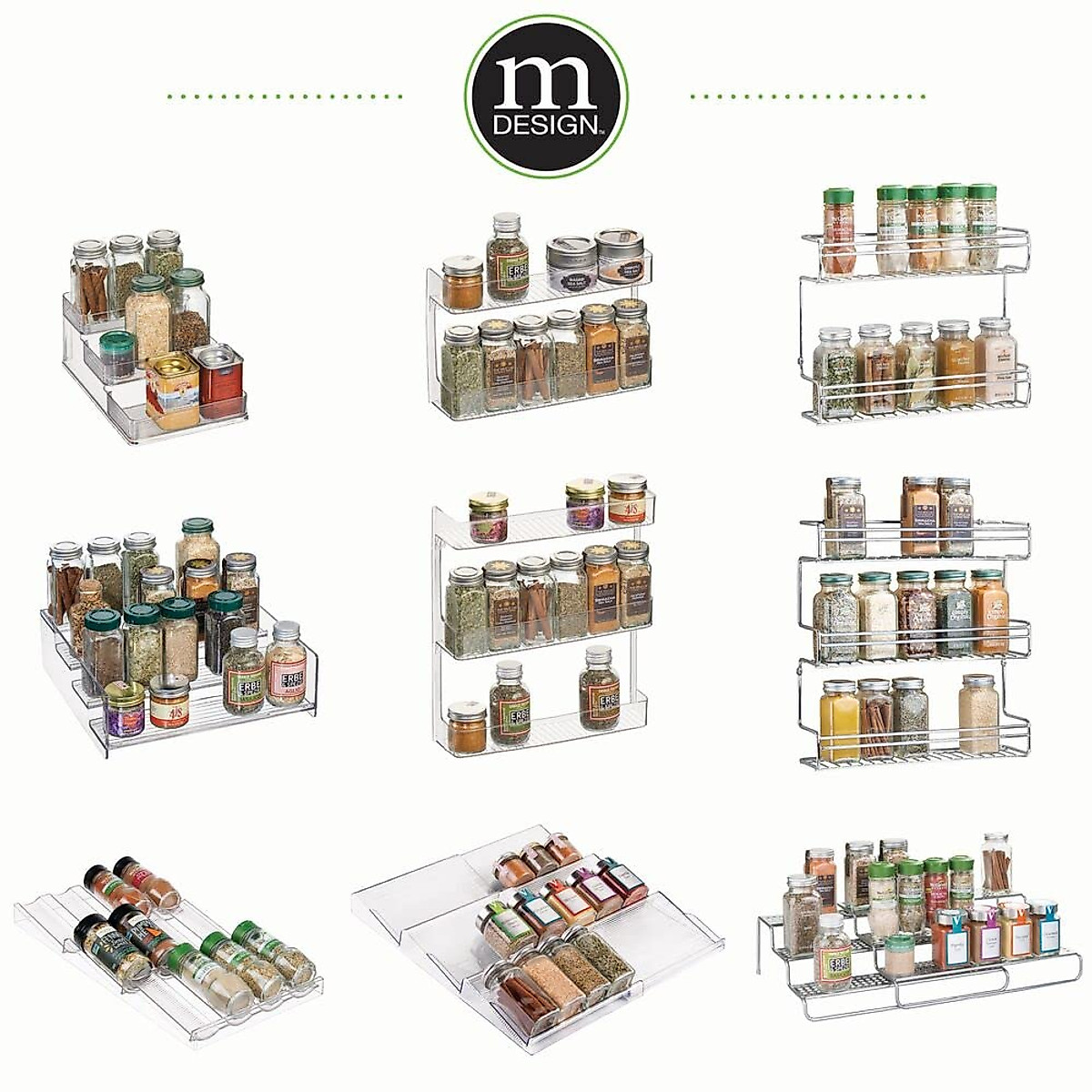 mDesign Expandable Plastic Deluxe Spice Rack, Drawer Organizer for Kitchen Cabinet Drawers - 3- Tier Slanted for Spice Jar, Food Seasoning Bottle Storage, Easy Install - Ligne Collection - Clear