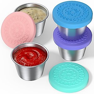 4 Pack Salad Dressing Container To Go, 2.4 Oz/70ml Small Containers with Lids,Fits in Bento Lunch Box, Leakproof Dipping Sauce Containers, Stainless Steel Condiment Cup of Premium Silicone, No BPA