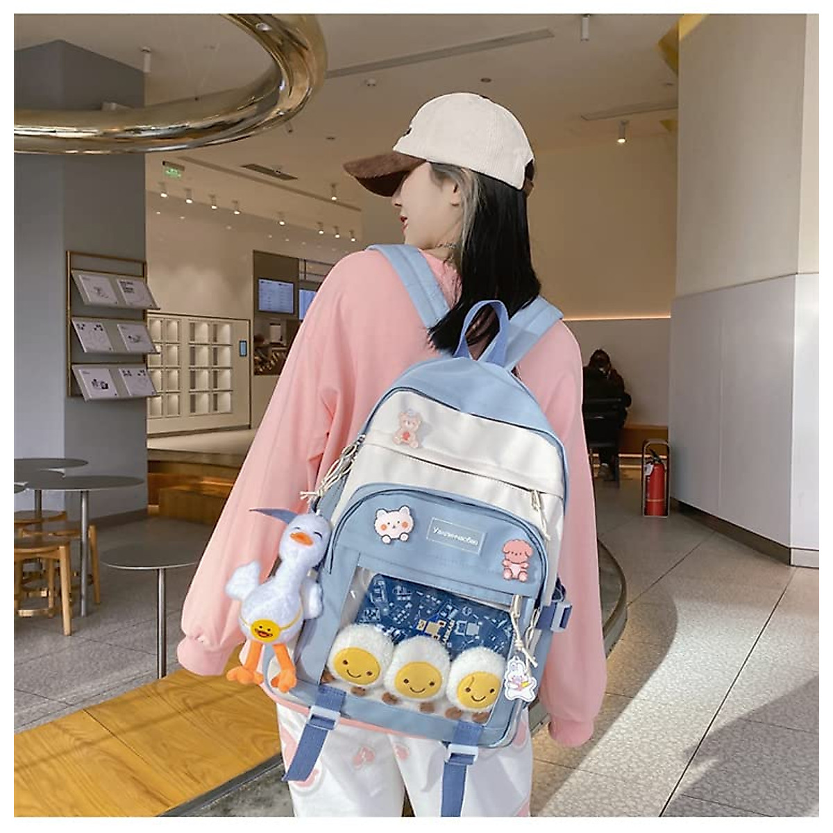 HACODAN Kawaii Backpack Ita Bag Lovely Pin Bag Japanese Aesthetic with Cute Pendant and Pins for Girls High School Book Bags for School (Blue)