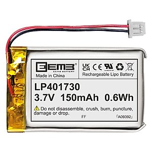 EEMB Lithium Polymer Battery 3.7V 150mAh 401730 Lipo Rechargeable Battery Pack with Wire Molex 1.25mm Connector for Speaker and Wireless Device- Confirm Device & Connector Polarity Before Purchase