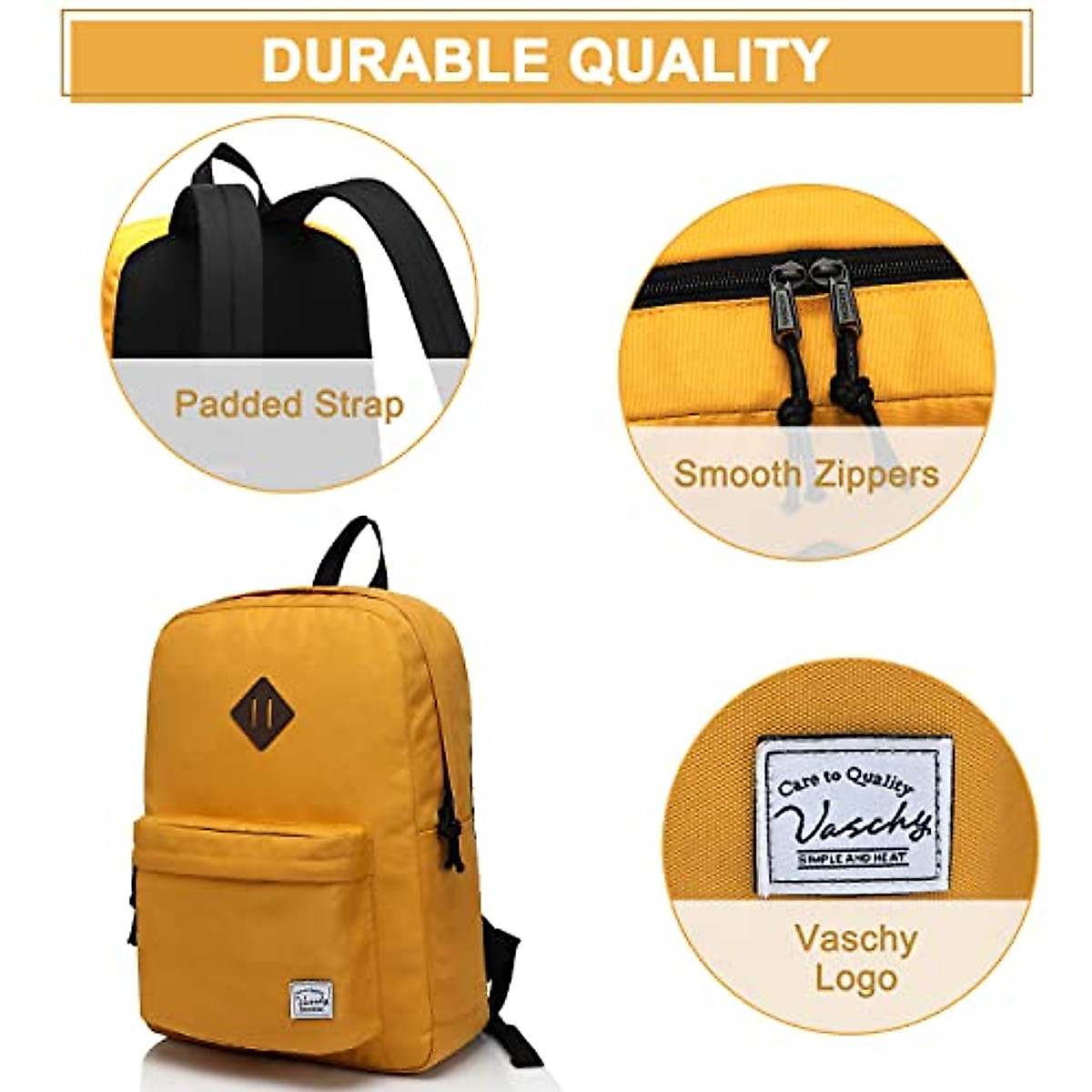 VASCHY Lightweight Backpack for School, Classic Basic Water Resistant Casual Day-pack for Travel with Bottle Side Pockets (Gold)