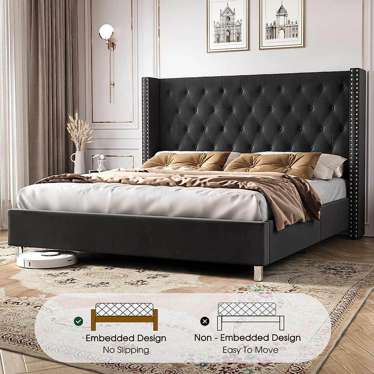 PaPaJet King Bed Frame Upholstered Bed Velvet Low Profile Platform Bed with Raised Wingback Headboard/No Box Spring Needed/Easy Assembly/Cream