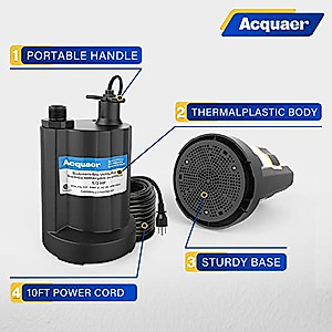 Acquaer 1/3 HP Submersible Water Pump 2160GPH Sump Pump Thermoplastic Utility Pump Portable Electric Water Pump Water Remove for Basement Hot Tubs Garden Pool Cover Draining with 10 ft Cord