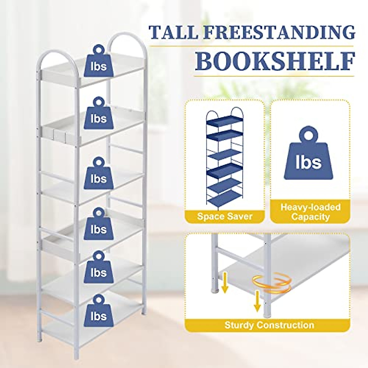 70.8 inch Tall Bookcase Book Organizer 6 Tier Industrial Rustic Bookshelf Storage Display Shelves with Round Top Frame Adjustable Foot Pad Open Metal Farmhouse Wooden Book Shelf,for Room/Office,White