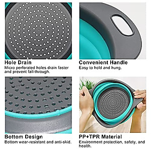 Collapsible Colander, Set of 2 PCS Collapsible Strainer, Space-Saving Kitchen Strainer, Food-Grade Silicone Folding Strainer Colander with Handle,7.7", 9.3"